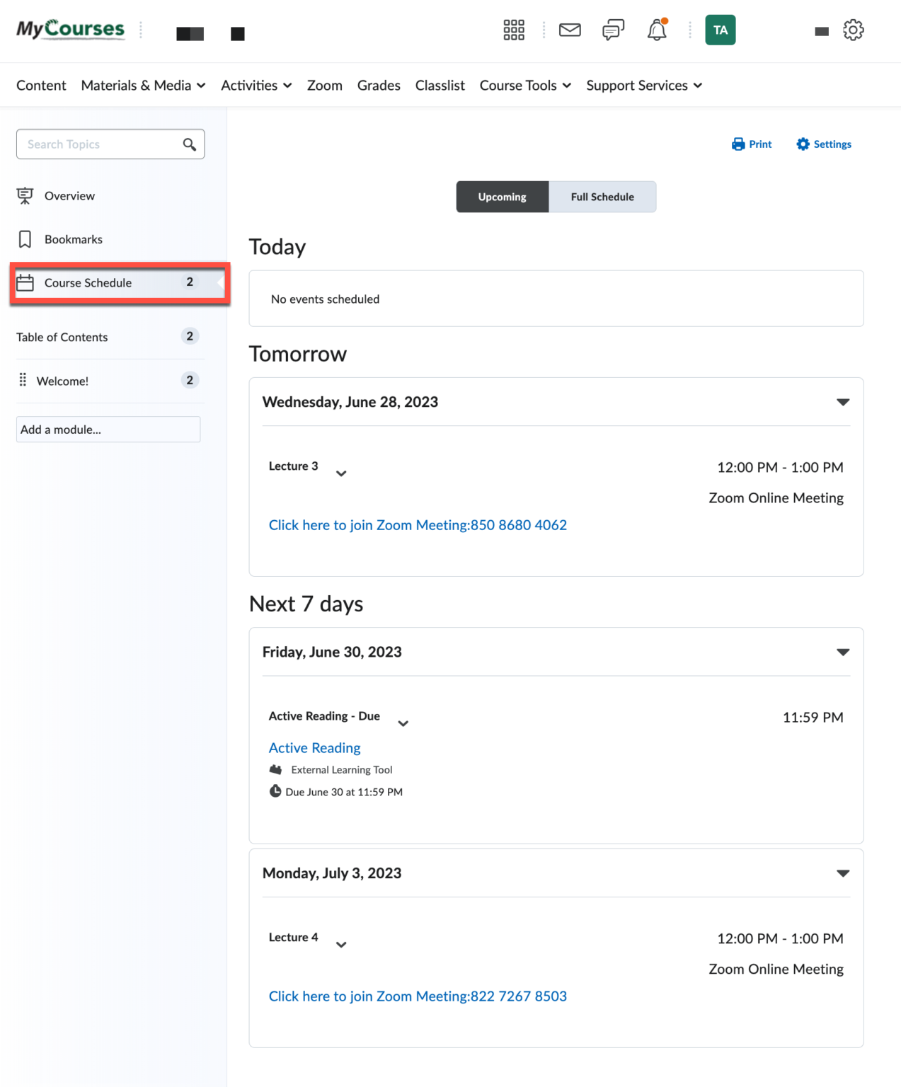 The Course Schedule IT Service Catalog